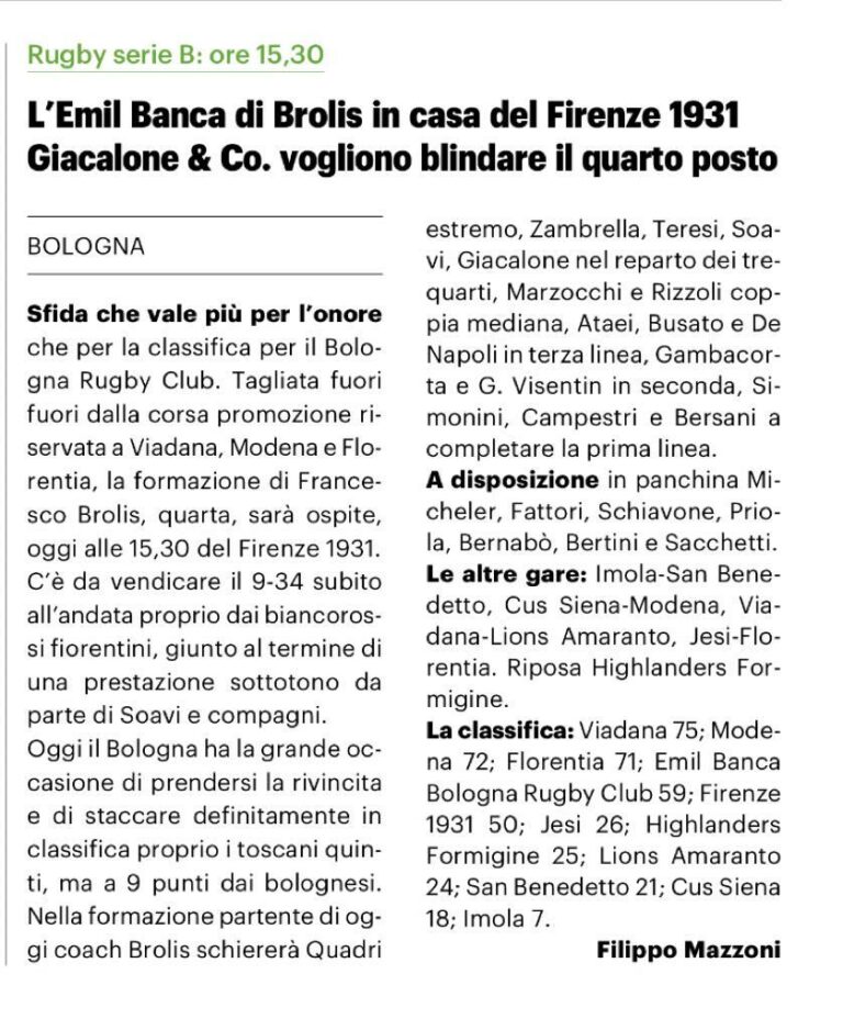 L’Emil Banca di Brolis in casa del Firenze 1931 - Bologna Rugby Club